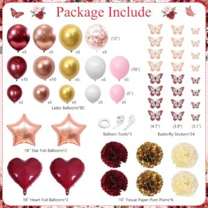 Birthday Decorations Party Pack for Women Girls Burgundy Birthday Party Supplies for Her Red Flower Backdrop Burgundy Rose Gold Balloon Arch Kit Banner Floral Tablecloth Butterfly Cupcake Toppers