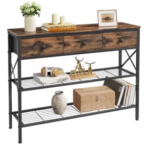 favoosty narrow console table with 3 fabric drawers-39.8" industrial entryway table with 3-tier storage shelves, thin sofa table for living room, hallway, entry way, foyer, kitchen, rustic brown&black