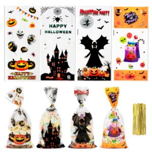 halloween treat bags, halloween candy bags, 100pcs halloween cellophane treat bags, halloween cello cookies goodie gift snacks bags with twists tie for halloween trick or treat party favors supplies