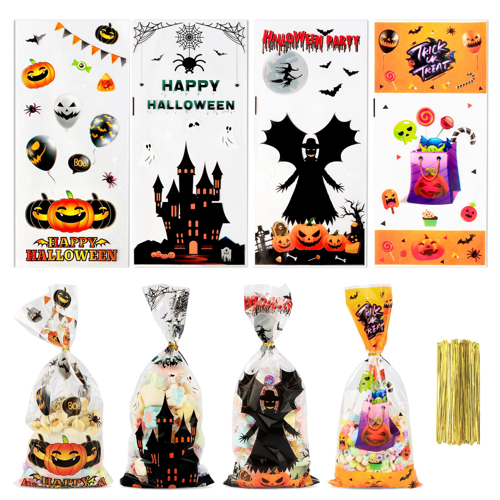 Halloween Treat Bags, Halloween Candy Bags, 100PCS Halloween Cellophane Treat Bags, Halloween Cello Cookies Goodie Gift Snacks Bags with Twists Tie for Halloween Trick or Treat Party Favors Supplies