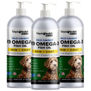 liquid health pets k9 omega 3 fish oil for dogs - liquid omega 3 for dogs with epa + dpa + dha, dog shedding suplement may reduce itching and support joint, immunity, brain & heart health (3pack)