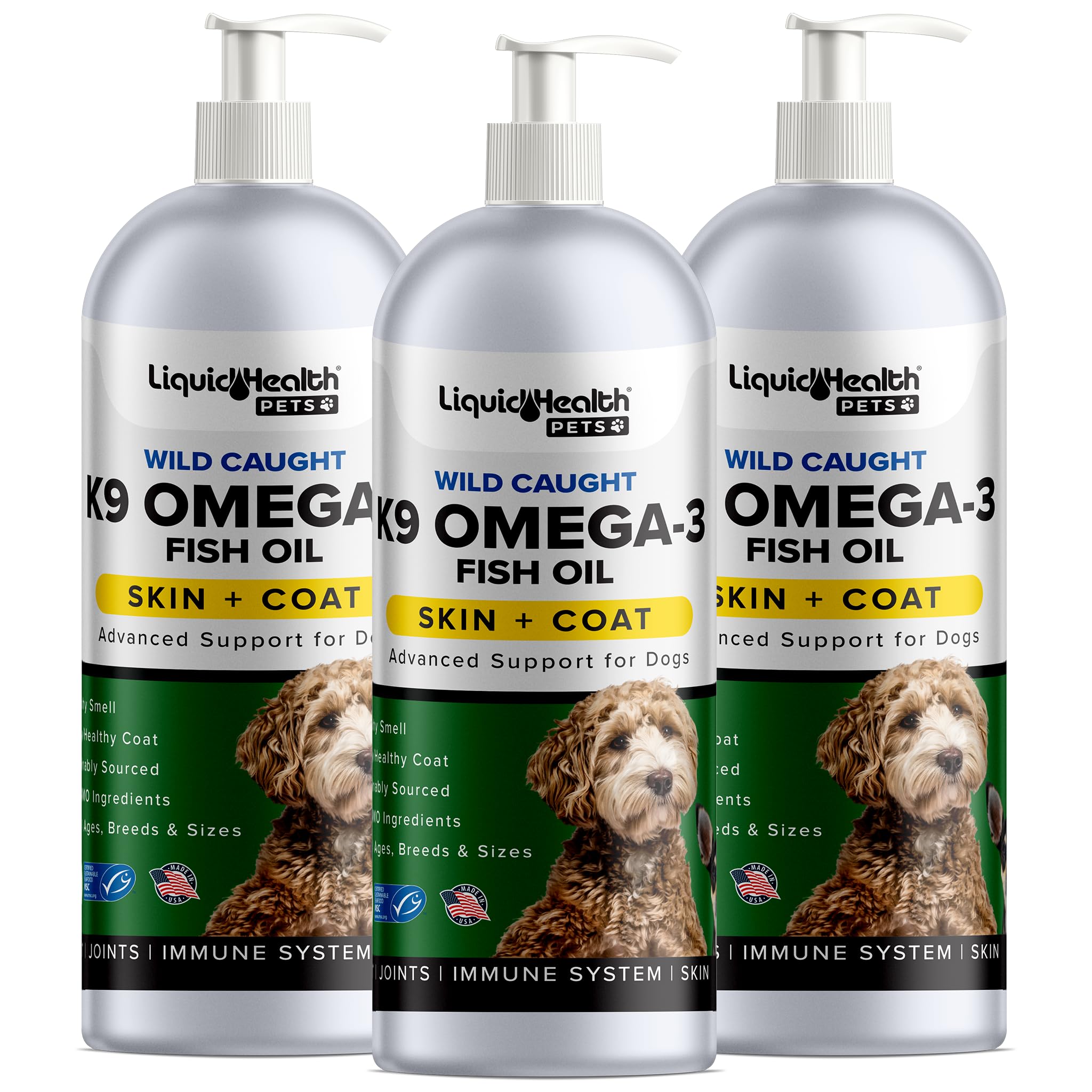 Liquid Health Pets K9 Omega 3 Fish Oil for Dogs - Liquid Omega 3 for Dogs with EPA + DPA + DHA, Dog Shedding Suplement May Reduce Itching and Support Joint, Immunity, Brain & Heart Health (3pack)