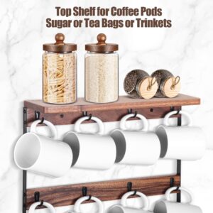 simesove Coffee Cup Holder, Coffee Mug Rack Wall Mounted, 3 Tier Rustic Wood Cups Rack with 12 Hooks and Top Storage Shelf, for Kitchen Display and Coffee Station, Brown