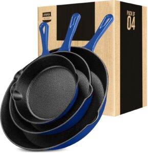 utopia kitchen pre seasoned cast iron skillet 3 piece, cast iron grill pan, frying pans, saute fry pan, cast iron set (blue) - pack of 4