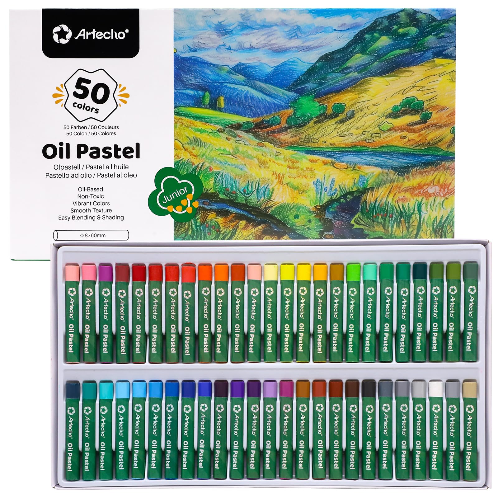 Artecho Oil Pastels Set of 50 Colors (8 x 60 mm), Soft Oil Pastels for Art Painting, Drawing, Blending, Oil Crayons Pastels Art Supplies for Artists, Beginners, Students, Teachers