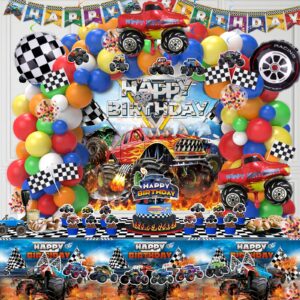 Monster Truck Birthday Decorations, Machines Jam Party Decoration Supplies include Truck Balloons Arch, Tablecloth, Backdrop, Cake Cupcake Toppers, Hanging Swirls, Flags, Truck Birthday Decor for Boys