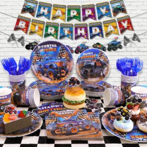 Monster Truck Birthday Decorations Supplies Serves 24 Guests, Machines Jam Birthday Party Tableware with Birthday Banners, Tablecloth, Plates, Cups, Napkins, Forks for Boys Birthday