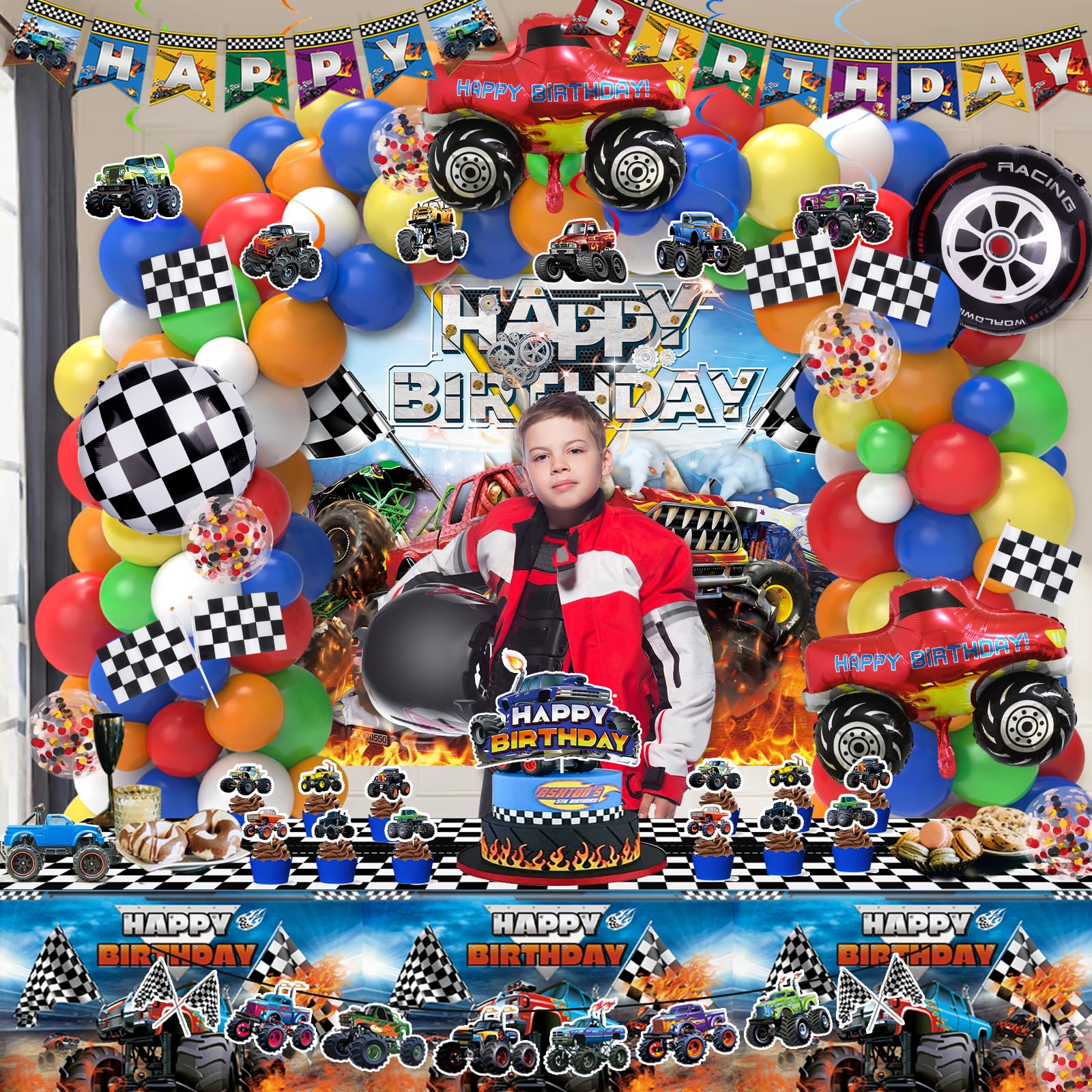 Monster Truck Birthday Decorations, Machines Jam Party Decoration Supplies include Truck Balloons Arch, Tablecloth, Backdrop, Cake Cupcake Toppers, Hanging Swirls, Flags, Truck Birthday Decor for Boys