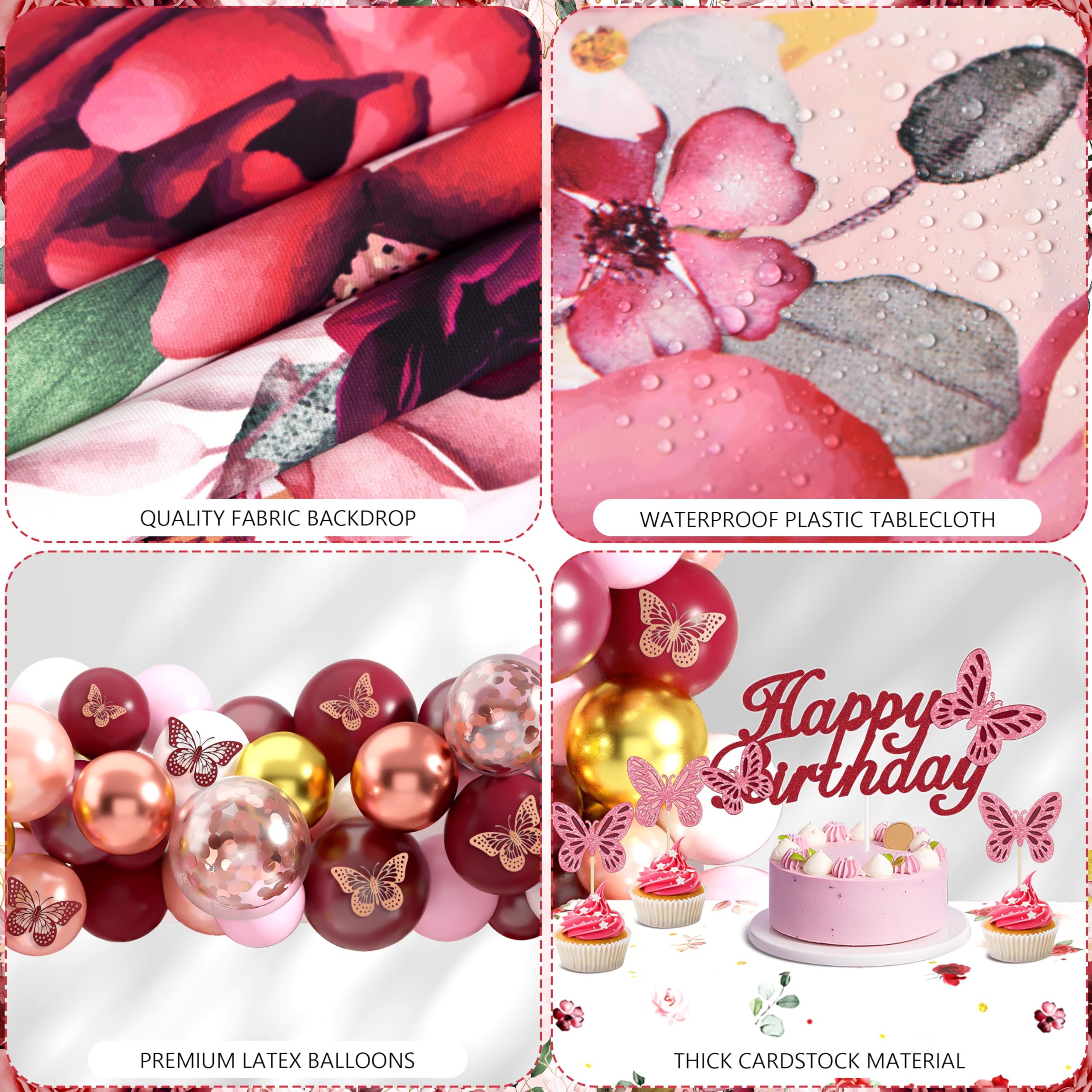 Birthday Decorations Party Pack for Women Girls Burgundy Birthday Party Supplies for Her Red Flower Backdrop Burgundy Rose Gold Balloon Arch Kit Banner Floral Tablecloth Butterfly Cupcake Toppers