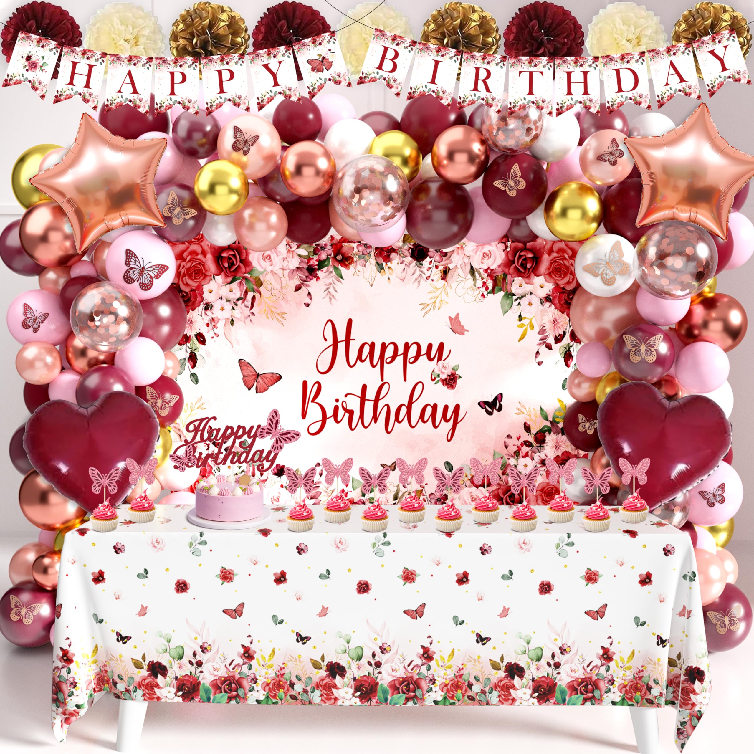 Birthday Decorations Party Pack for Women Girls Burgundy Birthday Party Supplies for Her Red Flower Backdrop Burgundy Rose Gold Balloon Arch Kit Banner Floral Tablecloth Butterfly Cupcake Toppers