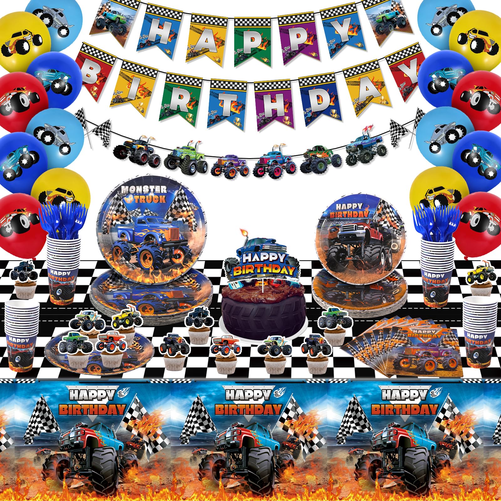 Monster Truck Birthday Decorations Supplies Serves 24 Guests, Machines Jam Birthday Party Tableware with Birthday Banners, Tablecloth, Plates, Cups, Napkins, Forks for Boys Birthday