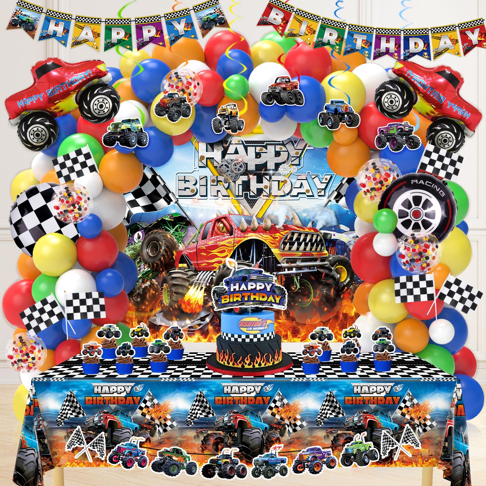 Monster Truck Birthday Decorations, Machines Jam Party Decoration Supplies include Truck Balloons Arch, Tablecloth, Backdrop, Cake Cupcake Toppers, Hanging Swirls, Flags, Truck Birthday Decor for Boys