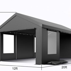 EZYARD Carport 12x20 FT Heavy Duty Carport Reinforced Steel Poles with Removable Sidewalls & Doorst,Gray, EZCP1220GN