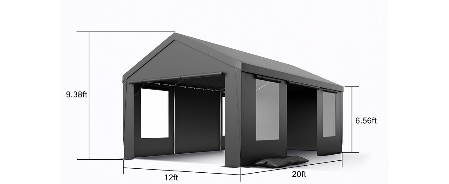 EZYARD Carport 12x20 FT Heavy Duty Carport Reinforced Steel Poles with Removable Sidewalls & Doorst,Gray, EZCP1220GN