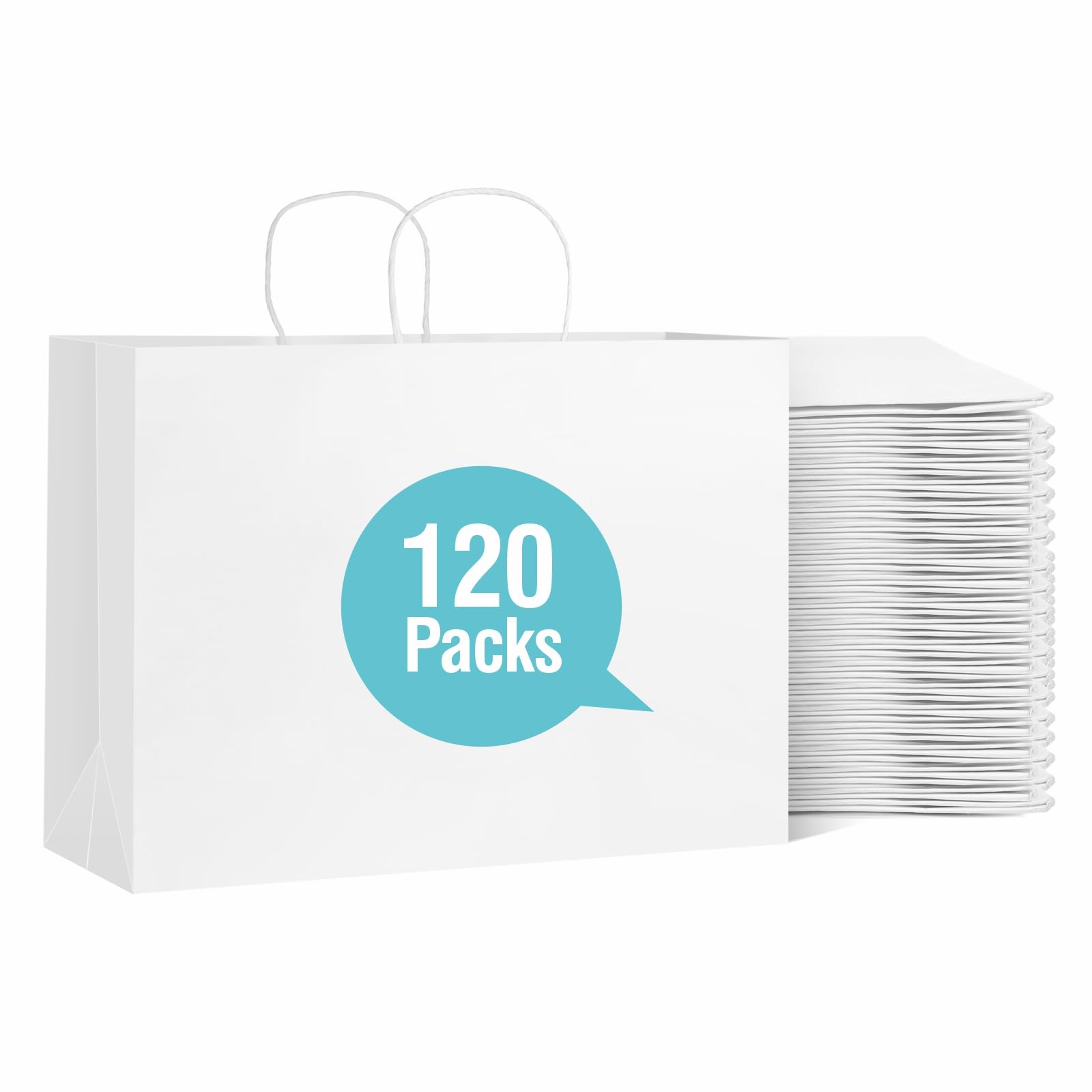 woric 120 PCS White Paper Bags with Handles, 16 x 6 x 12 inch Large Gift Bag Bulk Shopping Bags for Grocery Small Business Stocking Stuffers