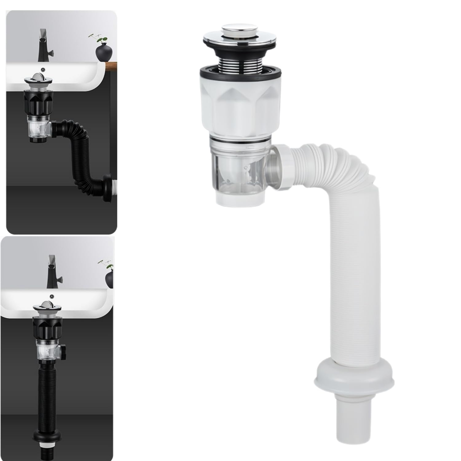 Wuyue Hua Bathroom Sink Drain Kit with Flexible Expandable P-Trap Sink Drain Pipe Tube Anti-Odor Bathroom Sink Drain Pipe for 1-1/4",1-1/2" and 2'' Drain Hole (Bounce Style)