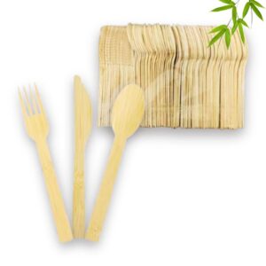 generic disposable bamboo utensils, 100 pack | 100% bamboo cutlery not wooden cutlery | eco-friendly compostable cutlery | 50 bamboo forks, 25 knives, 25 spoons, small