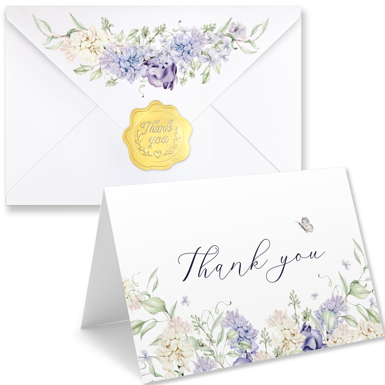 BYBOUS 25 Wedding Thank You Cards with Envelopes, Watercolor Floral Wildflower Butterfly Thank You Greeting Cards for Wedding Baby Shower Bridal Shower Birthday 4x6 Inch, bulk