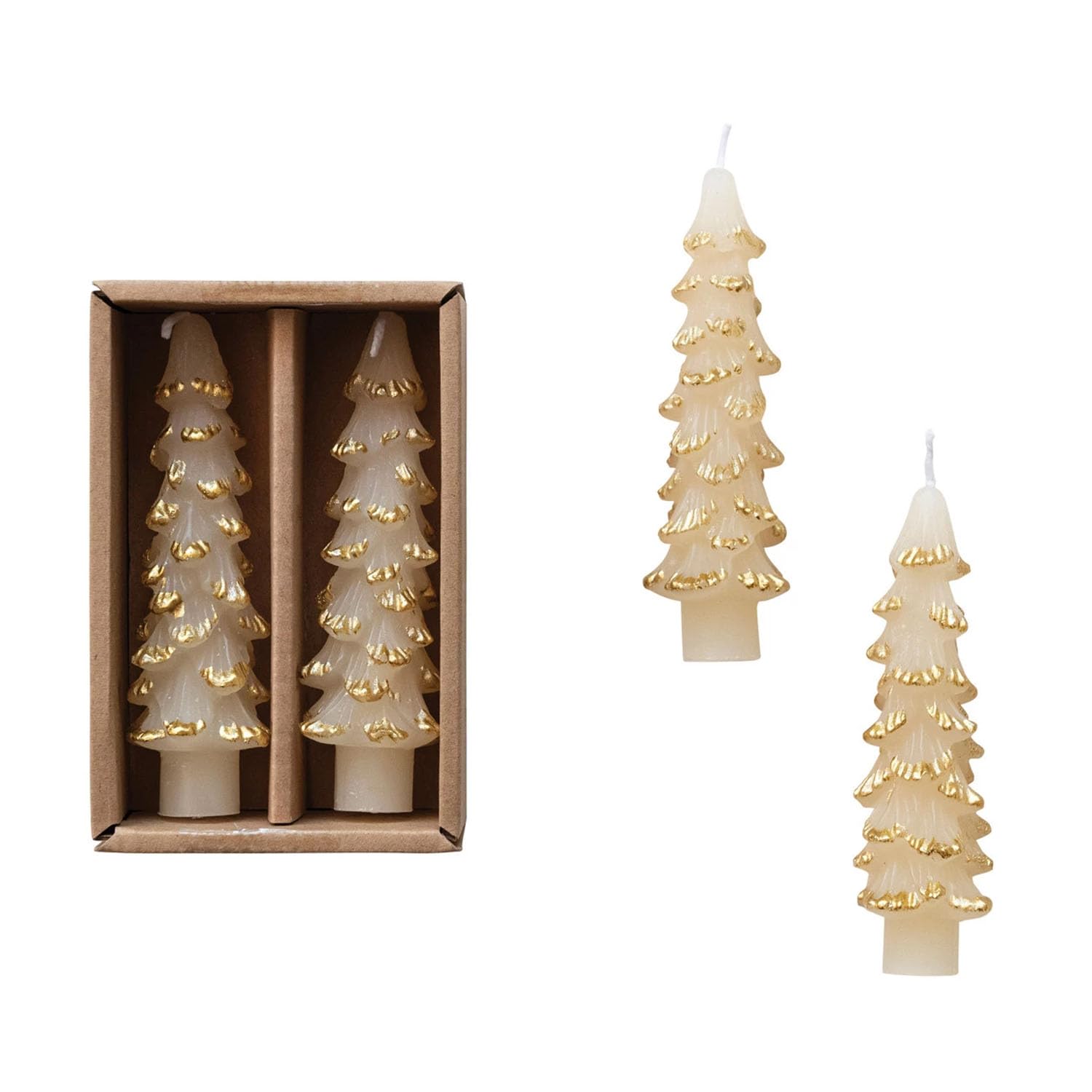 Unscented Tree Shaped Taper Candles w/ Gold Tips in Box, Eggnog Color, Set of 2