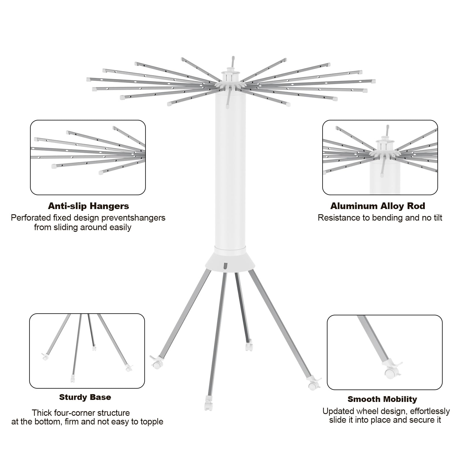 4-Legged Clothes Drying Rack Foldable, Outdoor Collapsible Drying Rack Clothing, Portable Laundry Drying Rack with 4 Pulleys, Aluminum Alloy Dry Rack for Clothes, Indoor, Balcony, Poolside, Camping