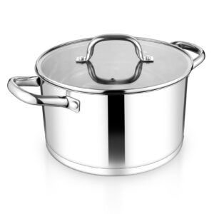 teamfar 6qt stainless steel stock pot, tri-ply base cooking pasta sauce soup pot with glass lid for induction/gas/ceramic stoves, transparent cover & double handles, heavy duty & dishwasher safe