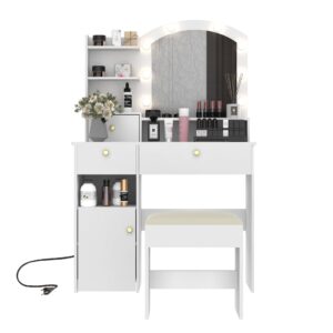 mishao vanity desk set w/mirror & lights, 37" makeup vanity table w/chair & power outlet, storage drawers & open shelves, 3 color modes & adjustable brightness dressing table for bedroom, white