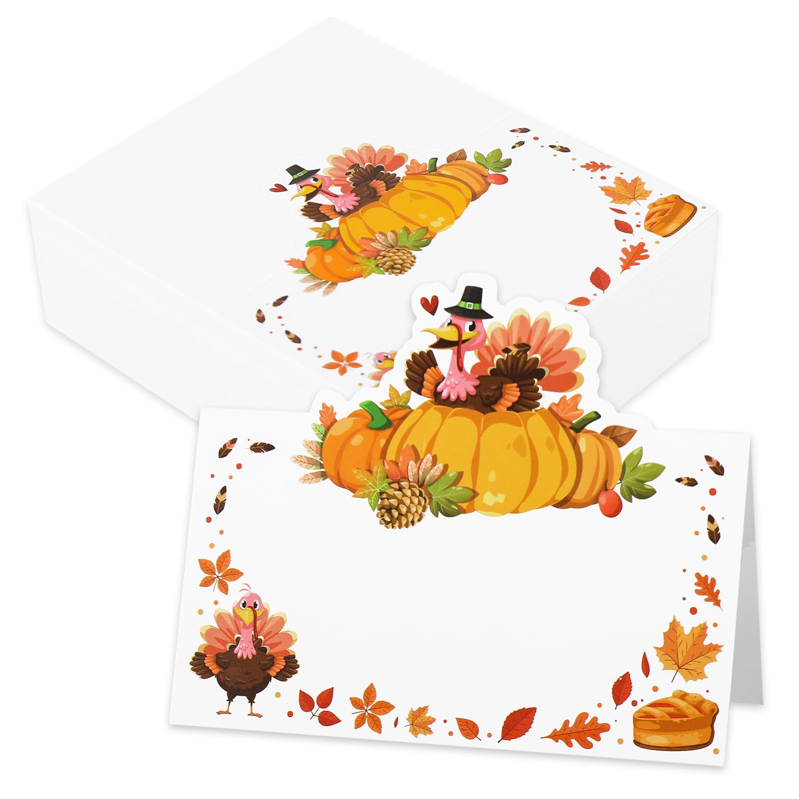 Whaline 100Pcs Thanksgiving Place Cards Turkey Pumpkin Leaves Tent Name Cards Fall Blank Seating Cards for Autumn Wedding Birthday Party Supplies, 2 x 3.5 Inch