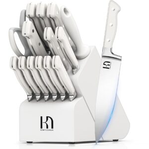 knifesaga knife block set, 15 pcs kitchen knife set, enduring razor-sharp japanese high carbon stainless steel knife set with block, premium forged knife set for kitchen and professional chefs, white