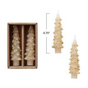 Unscented Tree Shaped Taper Candles w/ Gold Tips in Box, Eggnog Color, Set of 2