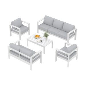 MU Aluminum Patio Furniture Set, 5 Pieces Modern Outdoor Sectional Sofa Couch with Upgrade Cushion and Coffee Table, Oversized Patio Conversation Set, White Frame and Light Grey Cushion