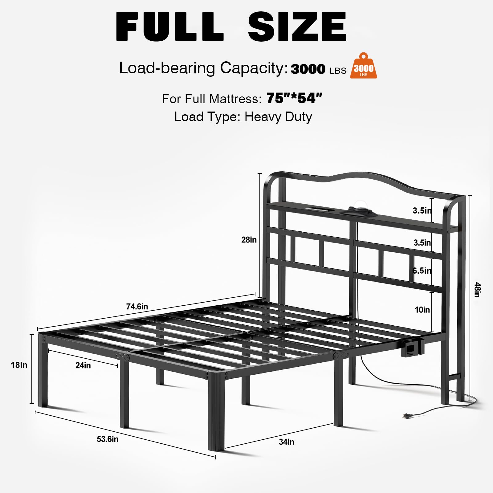 Full Size Bed Frame with Headboard and Charging Station 18 Inch Tall Full Bed Frame with Lights Galaxy Aurora Star Projector and Bird Songs Heavy Duty Metal Full Size Bed Frame with Storage(Full)