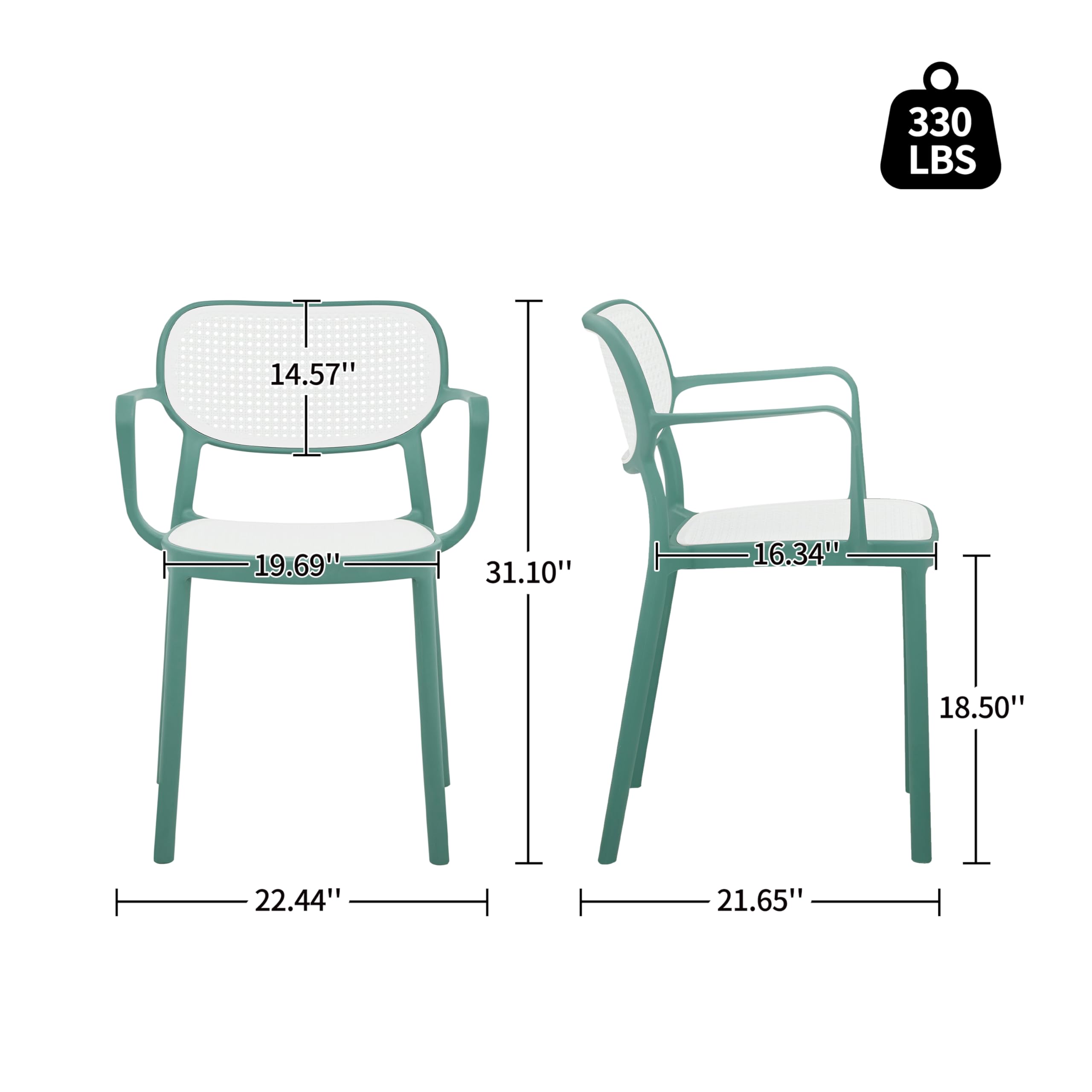 Art Leon Outdoor Dining Chairs Set of 2, Modern Plastic Patio Chairs with Rattan Back, Stackable Chairs with Armrests, Green White