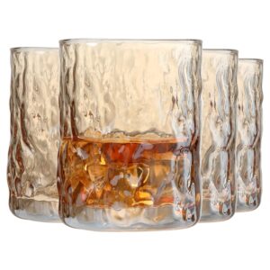 whiskey glasses set 4, amber colored rocks glasses, 9 oz old fashioned glass for whisky, scotch, bourbon, rum and cocktail, unique gift for wedding, birthday and anniversary, lowball drinking glasses