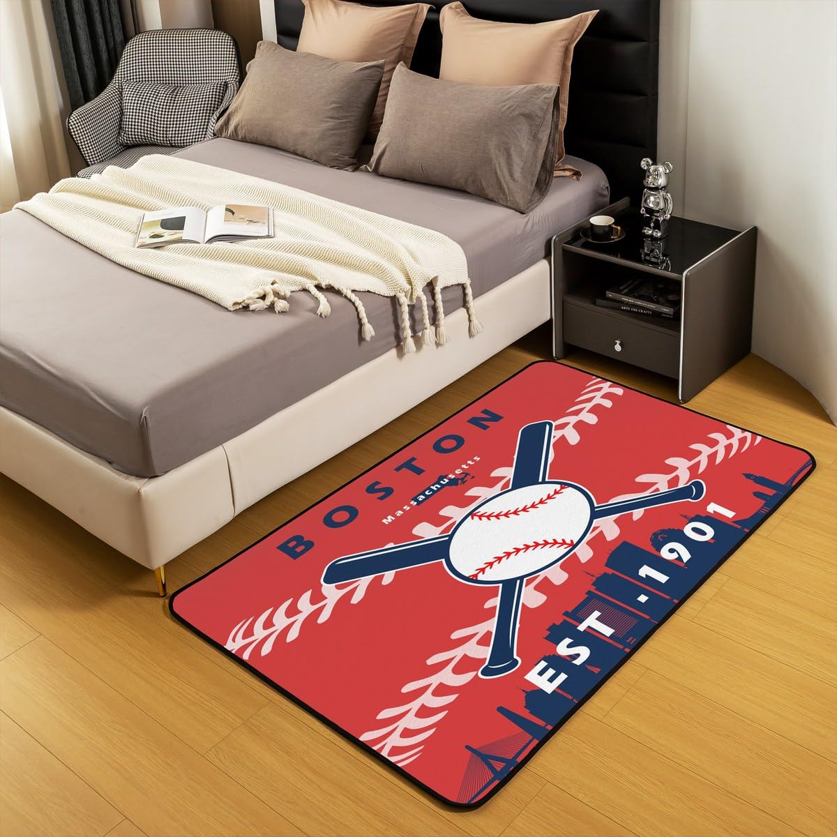 Erosebridal Baseball Area Rug for Boys,Kids Softball Rug 3x5,Red Black Baseball Player Living Room Rug,Sports Game Accent Rug Set for Bedside(Boston)