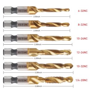 AIMLENTOOL 6PCS Combination Drill and Tap Bit Set, 3-in-1 Titanium Coated HSS Screw Tapping Bit for Drilling, Tapping and Deburring, SAE Size 6-32NC to 1/4-20NC, 1/4" Hex Shank and Storage Case