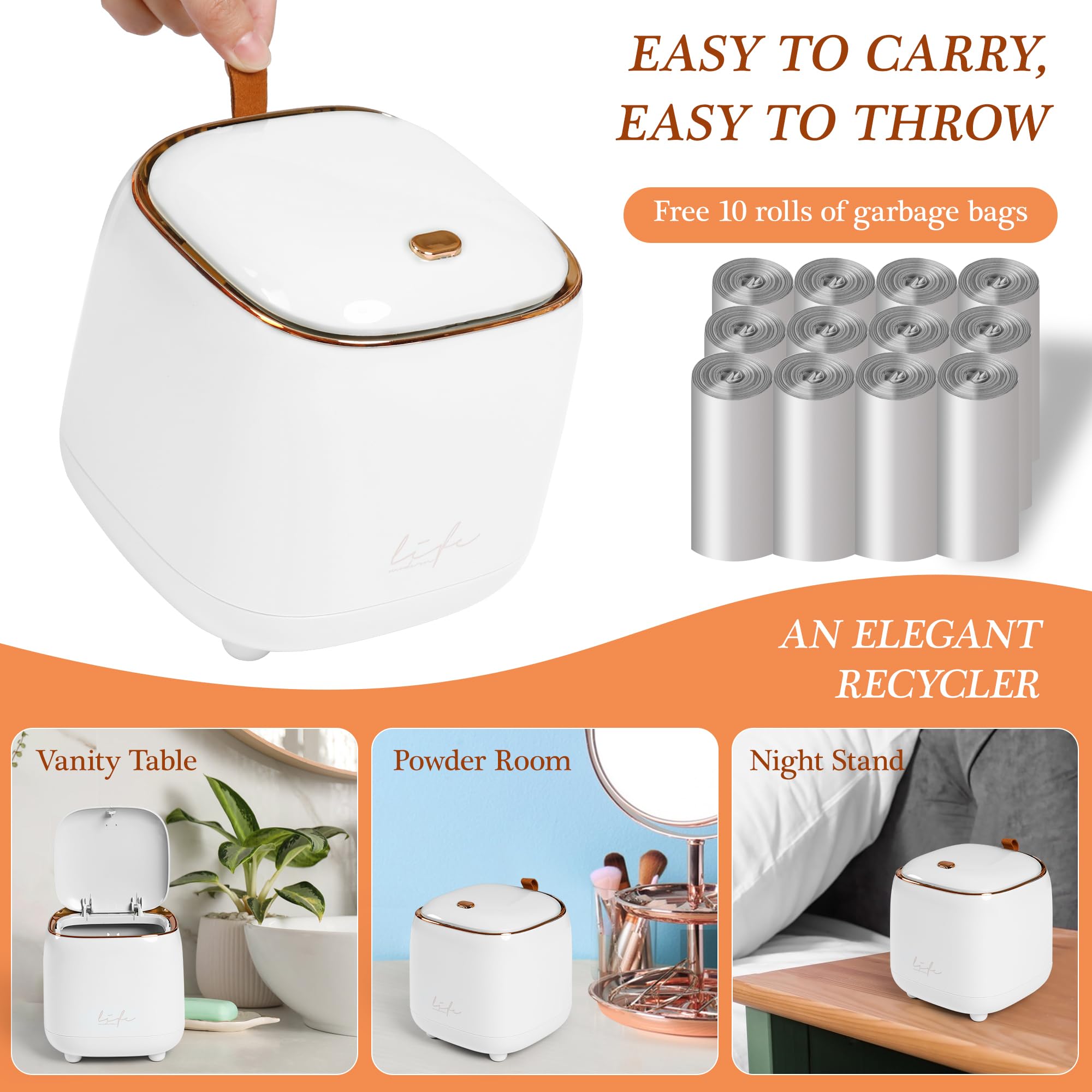 PANDENNER Mini Countertop Trash Can with 10 Rolls of Trash Bags, Desk Trash Can Tiny Trash Can with Press Type Lid, Desktop Trash Can Applicable for Bathroom Vanity Home Office (White)