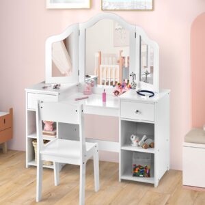 akustik kids vanity, 2 in 1 wooden princess makeup table and chair for toddlers with tri-folding detachable mirror, storage drawers for little girls, pretend beauty dressing desk play set toy gift