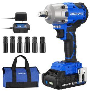 aote-pitt 20v 370 ft-lbs brushless impact wrench kit, 1/2 inch cordless electric impact gun, high torque 3,400 ipm impact driver with 6 pcs drive impact sockets, battery, fast charger, and tool bag