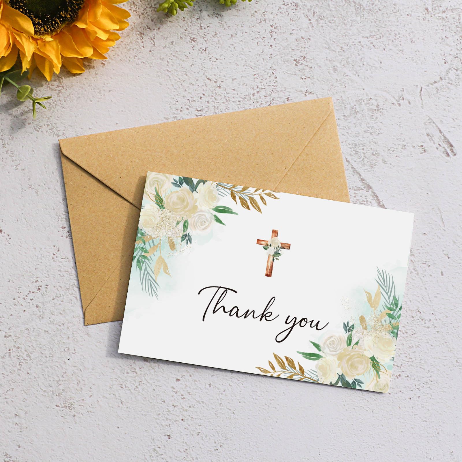 BYBOUS 25 Pack Thank You Cards with Envelope & Stickers, 4 * 6in Watercolor Cross Flower Blank Inside Thank You Card for Baptism, Wedding, Funeral, Bridal Shower, Baby Shower, Communion