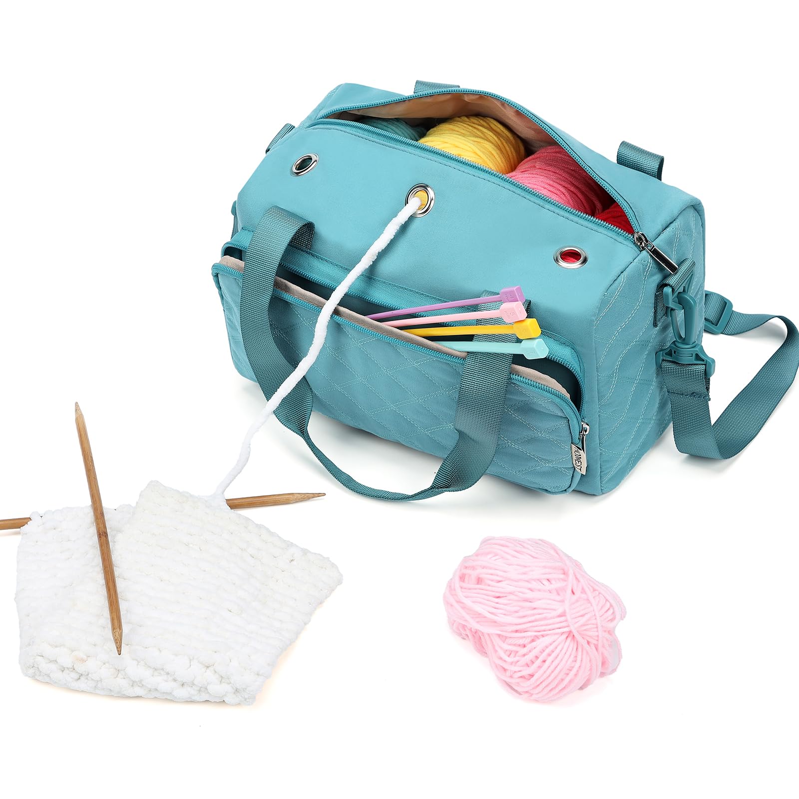 HOMEST Crochet Bag, Yarn Storage Organizer, Knitting Bag with Large Front Pocket for Crochet Hooks, Knitting Needles and Crochet Accessories, Turquoise