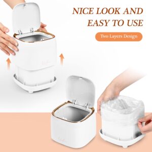 PANDENNER Mini Countertop Trash Can with 10 Rolls of Trash Bags, Desk Trash Can Tiny Trash Can with Press Type Lid, Desktop Trash Can Applicable for Bathroom Vanity Home Office (White)