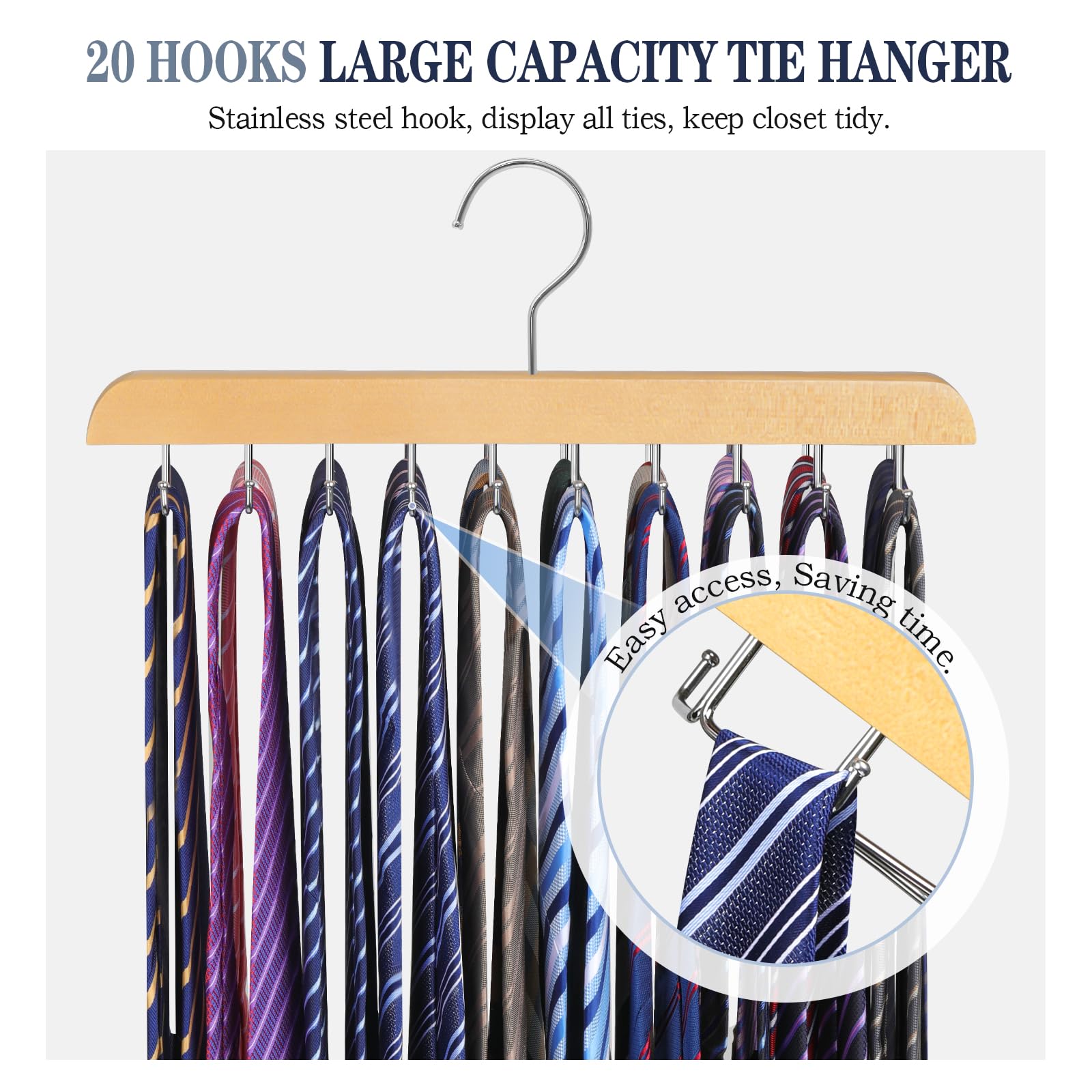 Tie Rack Belt Hanger for Closet, Fitnice Upgraded Non Slip Tie Hanger Space Saving with 20 Foldable Hooks Wooden Belt Tie Organizer for Tank Tops Bras Cami Scarves