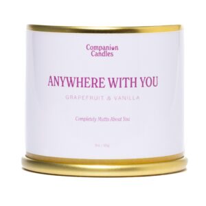 companion candles pet safe wood wick candle - “anywhere with you” grapefruit & vanilla, coconut soy wax scented, over 50 hr burn time, non-toxic, women-owned, made in usa (3 oz.)