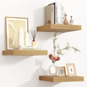 floating shelves for wall, 3 small wall mounted shelves with invisible brackets, square wood floating wall shelf shelves for living room, bedroom, kitchen, bathroom decor (oak, 12" w x 12" d x 1.3" h)