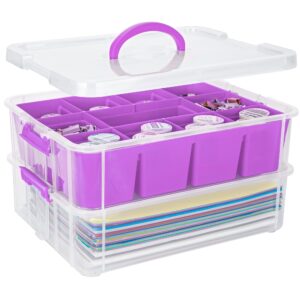 tergoo 2 layer plastic storage containers with removable tray, multipurpose stack & carry box with lid, portable craft organizers and storage bin for organizing art & craft supplies, crayon(purple)