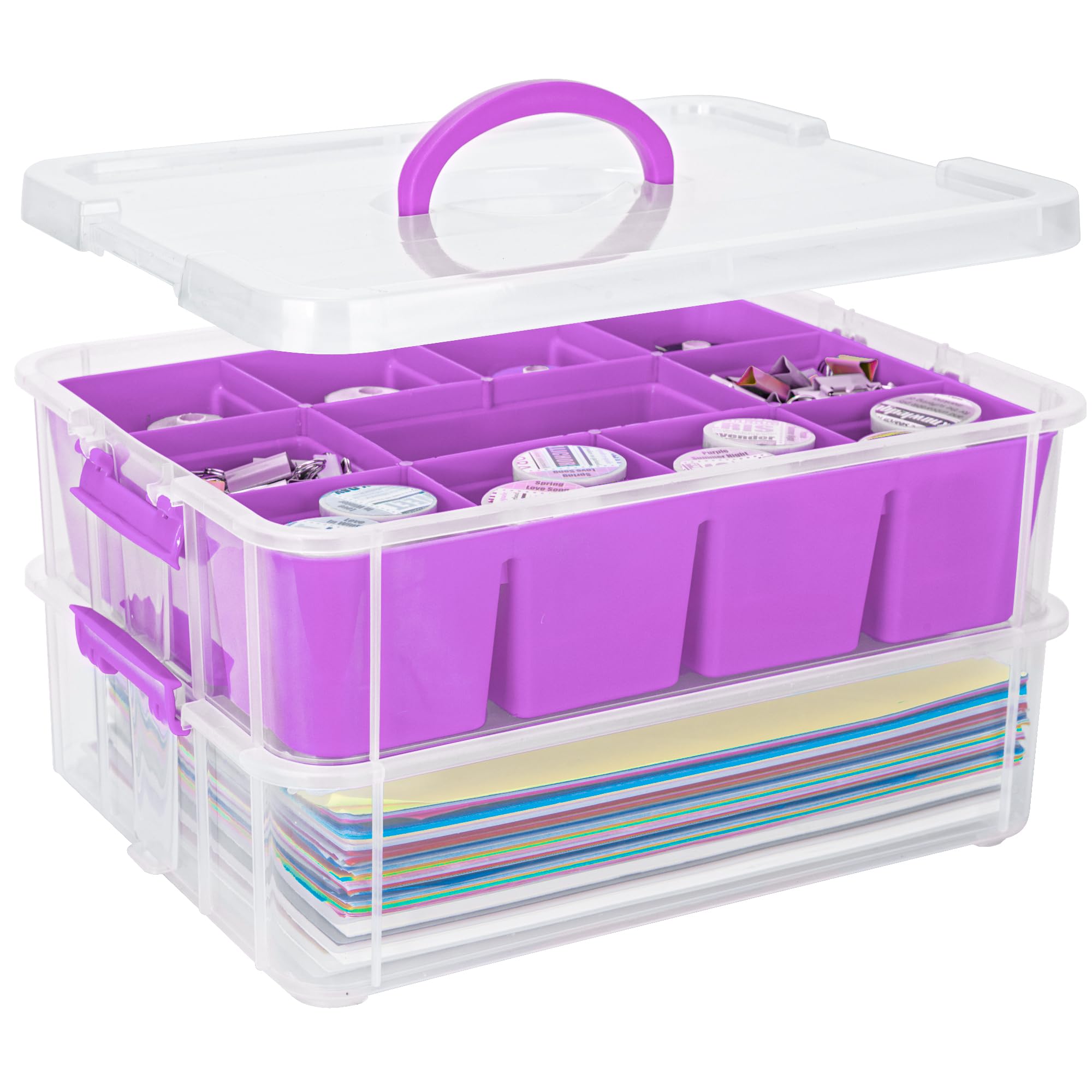 TERGOO 2 Layer Plastic Storage Containers with Removable Tray, Multipurpose Stack & Carry Box with Lid, Portable Craft Organizers and Storage Bin for Organizing Art & Craft Supplies, Crayon(Purple)