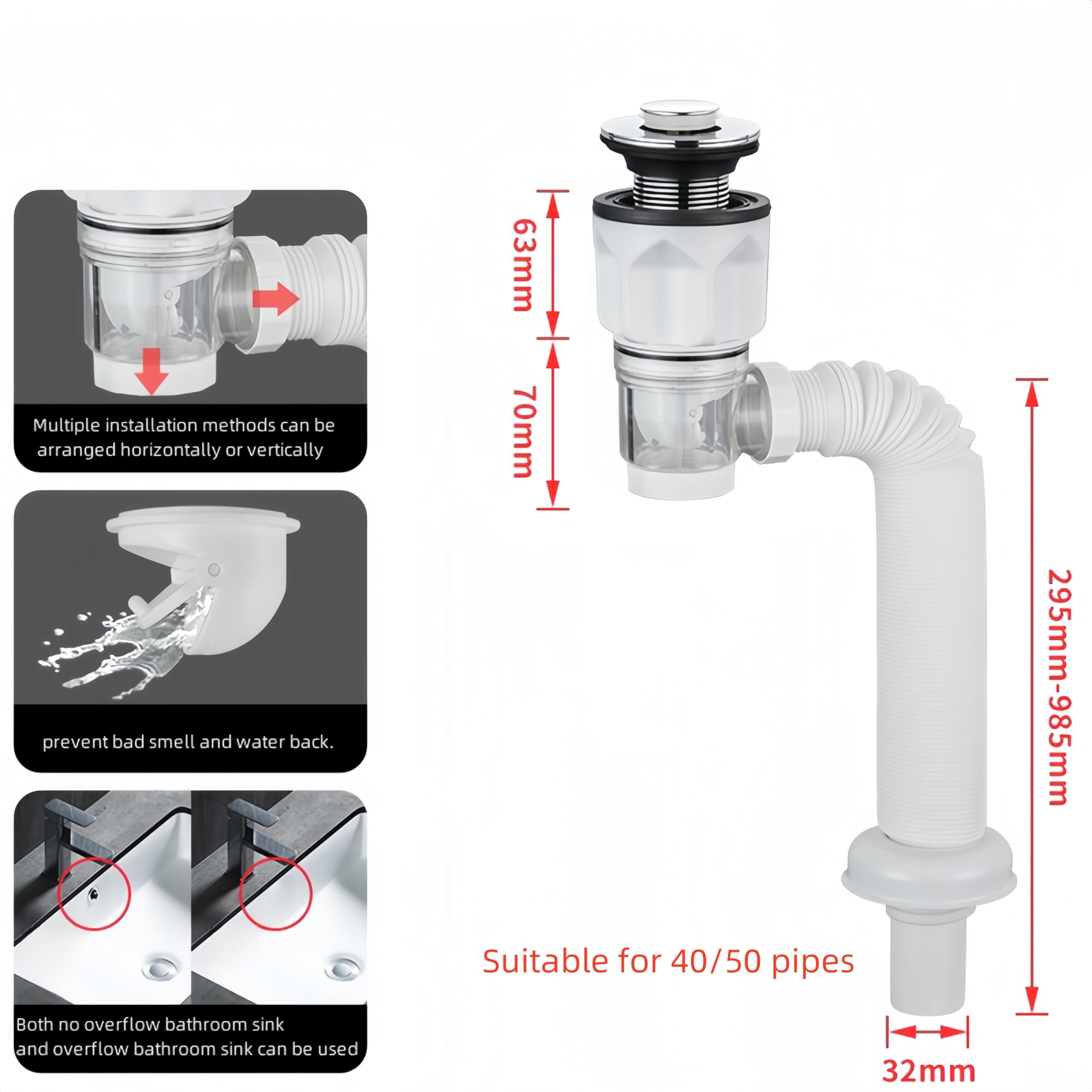 Wuyue Hua Bathroom Sink Drain Kit with Flexible Expandable P-Trap Sink Drain Pipe Tube Anti-Odor Bathroom Sink Drain Pipe for 1-1/4",1-1/2" and 2'' Drain Hole (Bounce Style)