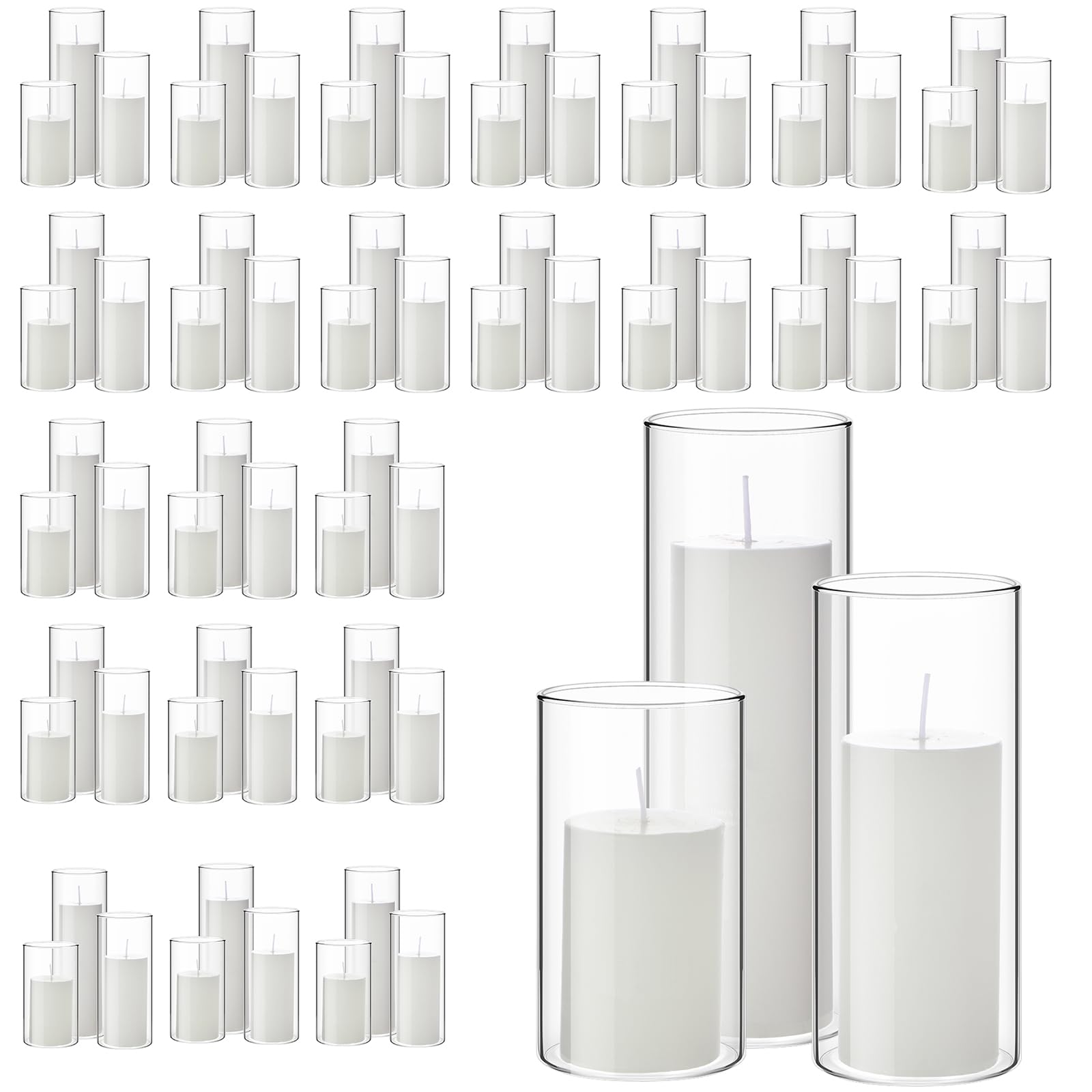 Shihanee 144 Pcs Pillar Candles and Glass Cylinder Vases Clear Cylinder Candle Holders for Slim Pillar Candles Table Decoration