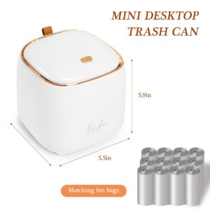 PANDENNER Mini Countertop Trash Can with 10 Rolls of Trash Bags, Desk Trash Can Tiny Trash Can with Press Type Lid, Desktop Trash Can Applicable for Bathroom Vanity Home Office (White)