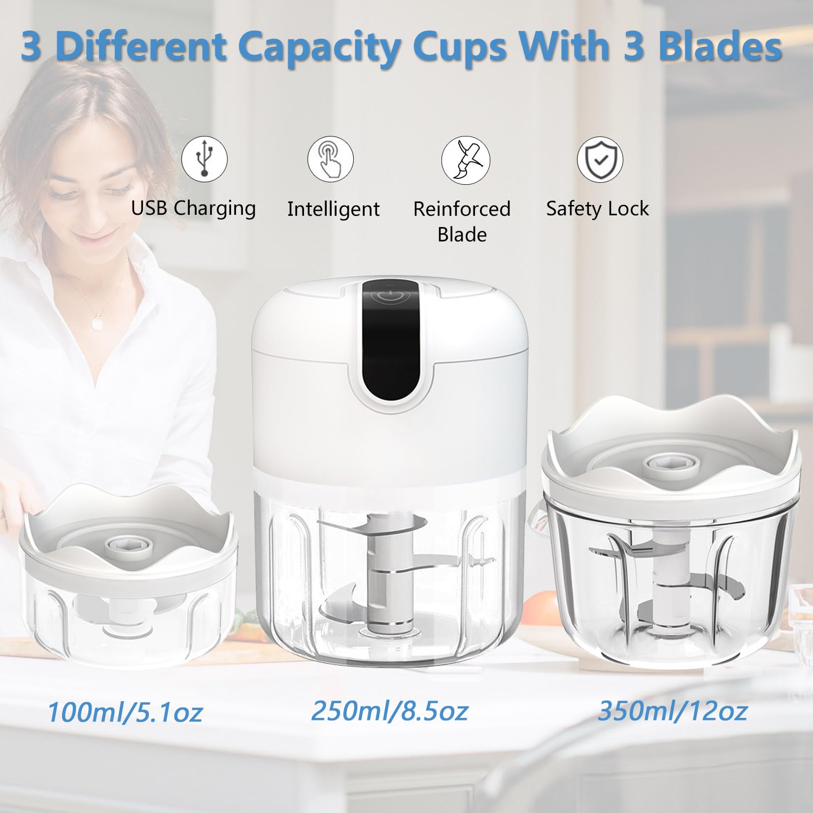 DISXENT White 3 CUP Cordless Mini Food Chopper,Small Food Processor Mini for Garlic,Nut,Meat(100+250+350ML), CQ3654